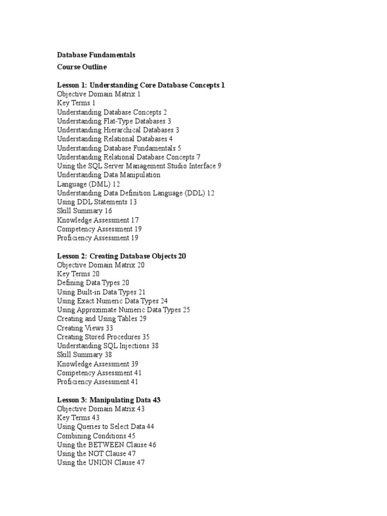 Database Fundamentals Course Outline Lesson 1: Understanding Core Database Concepts 1 | PDF ...