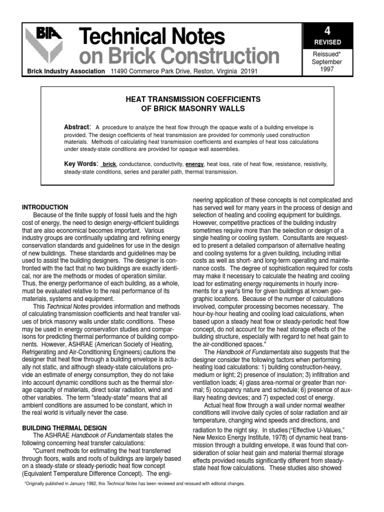 On Brick Construction: Technical Notes | PDF | Hvac | Thermal Conductivity