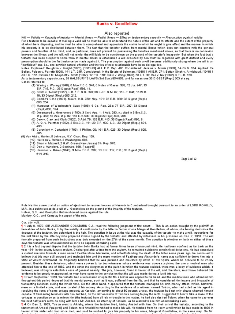 Banks V Goodfellow | PDF | Will And Testament | Mind