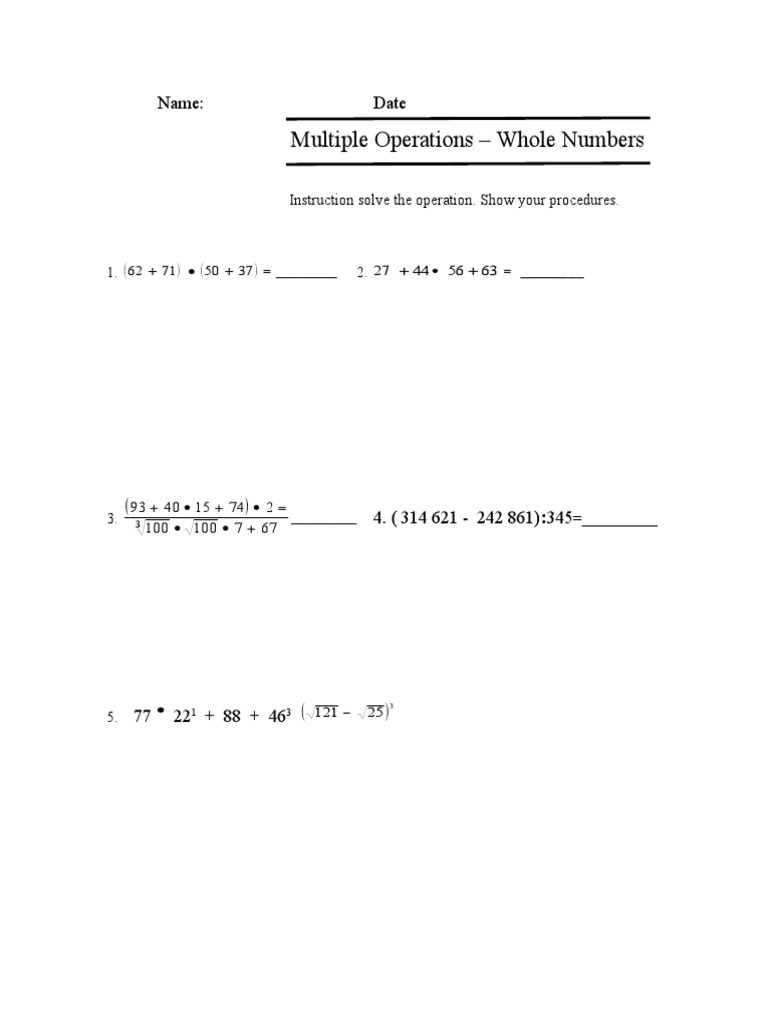 Whole Number Operations Worksheet | PDF