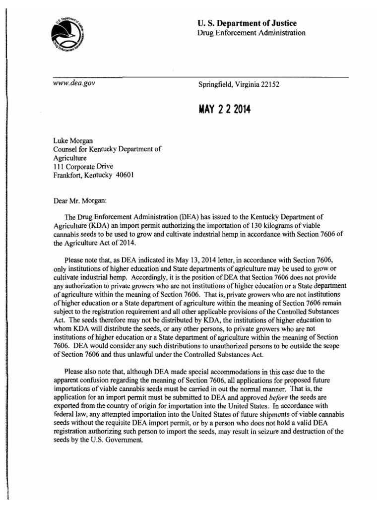 DEA Letter to Kentucky Dept. of Agriculture Regarding Industrial Hemp ...