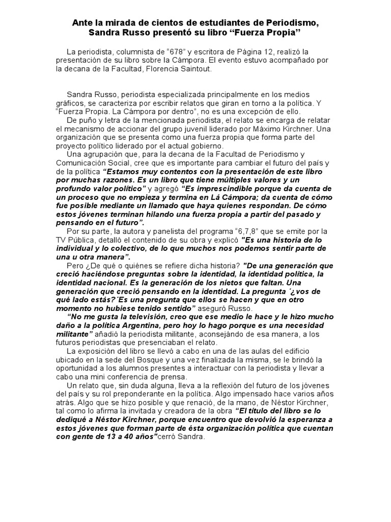 Presentación de "Fuerza Propia" de Sandra Russo | PDF