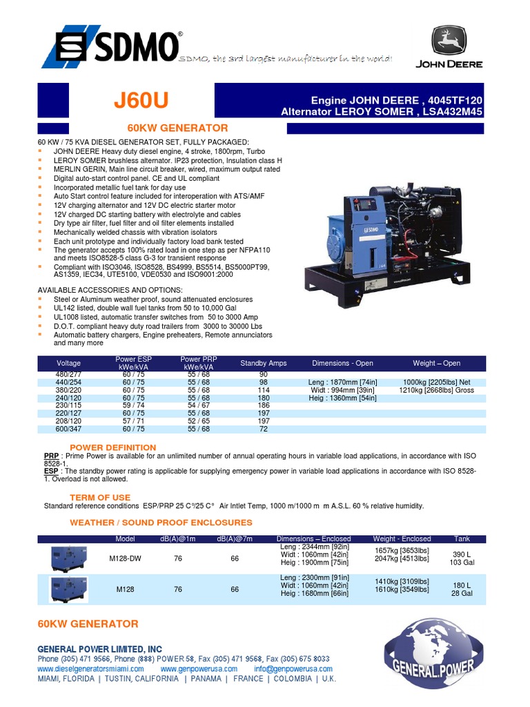 Datasheet 60 KW Diesel Generator 75 Kva 3 Phase Sdmo John Deere J60u | PDF | Switch | Engines