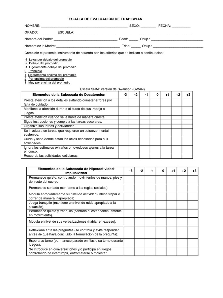 Escala de Evaluación de Tdah Swan | PDF