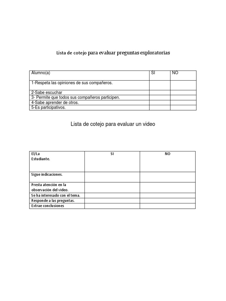 Lista de Cotejo para Evaluar Preguntas Exploratorias | PDF