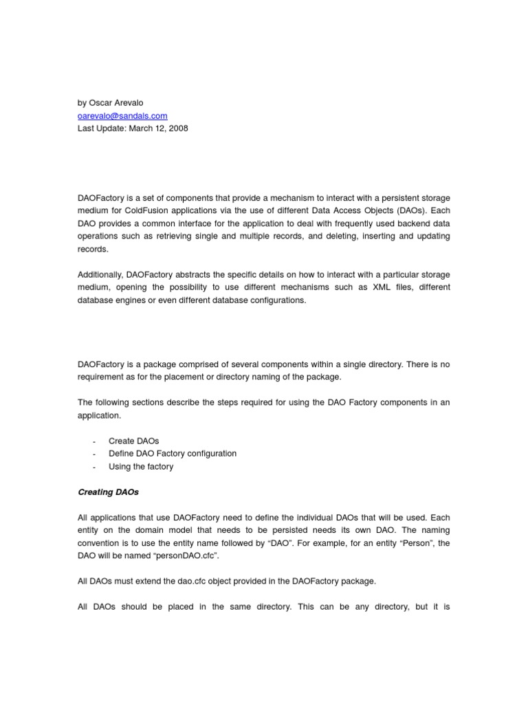DAOFactory Guide for ColdFusion | PDF | String (Computer Science) | Databases