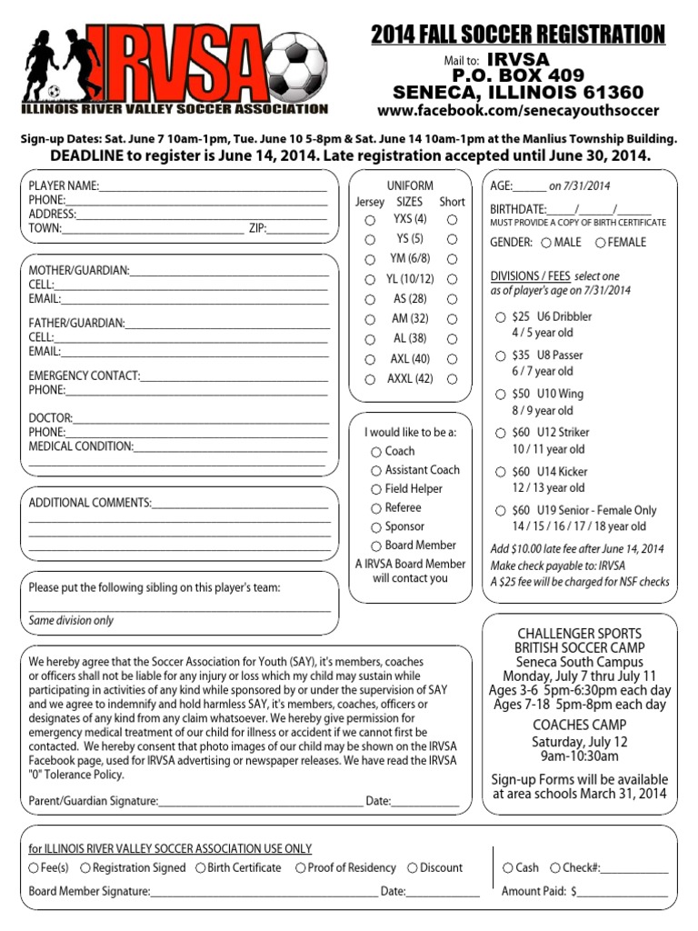 IRVSA Fall Soccer Registration 2014 | PDF