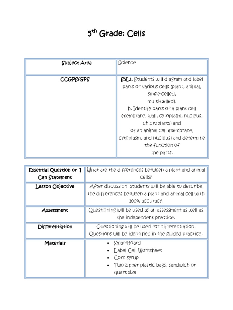 5th Grade Plant and Animal Cells Lesson | PDF | Cytoplasm | Vacuole