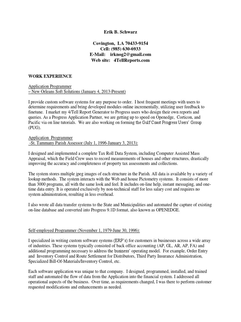 Progress Openedge Applications Programmer in USA Resume Erik Schwarz ...