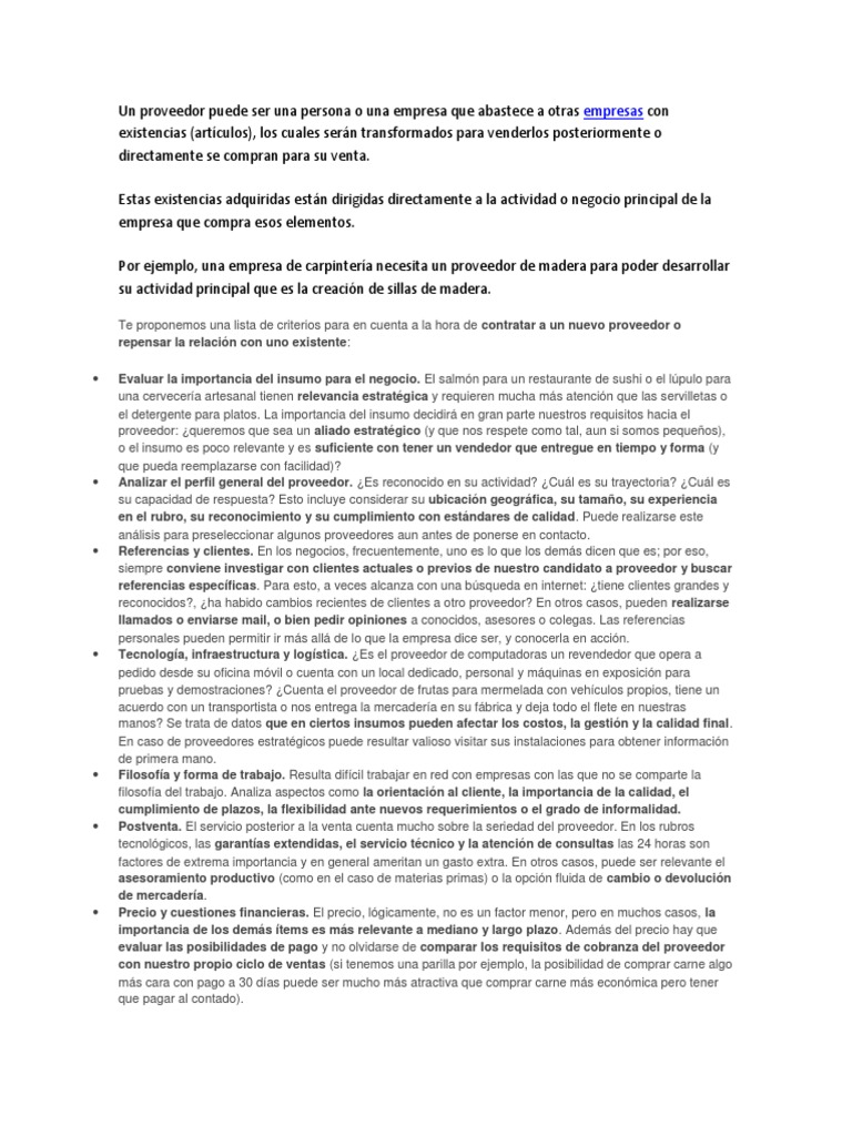 Definición y criterios de proveedores | PDF | Calidad (comercial ...