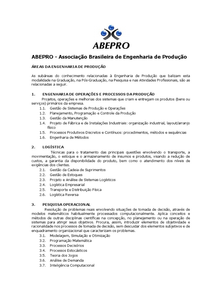 Abepro áreas Da Engenharia De Produção Pdf Gestão De Recursos