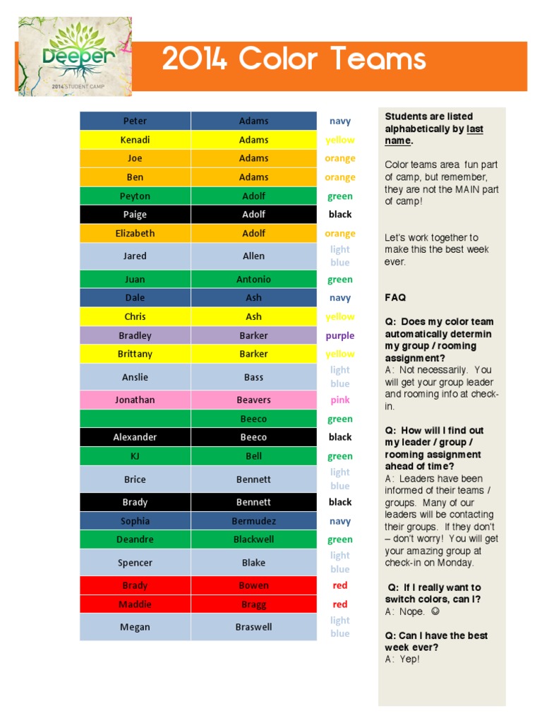 Camp Color Teams - 2014 | PDF