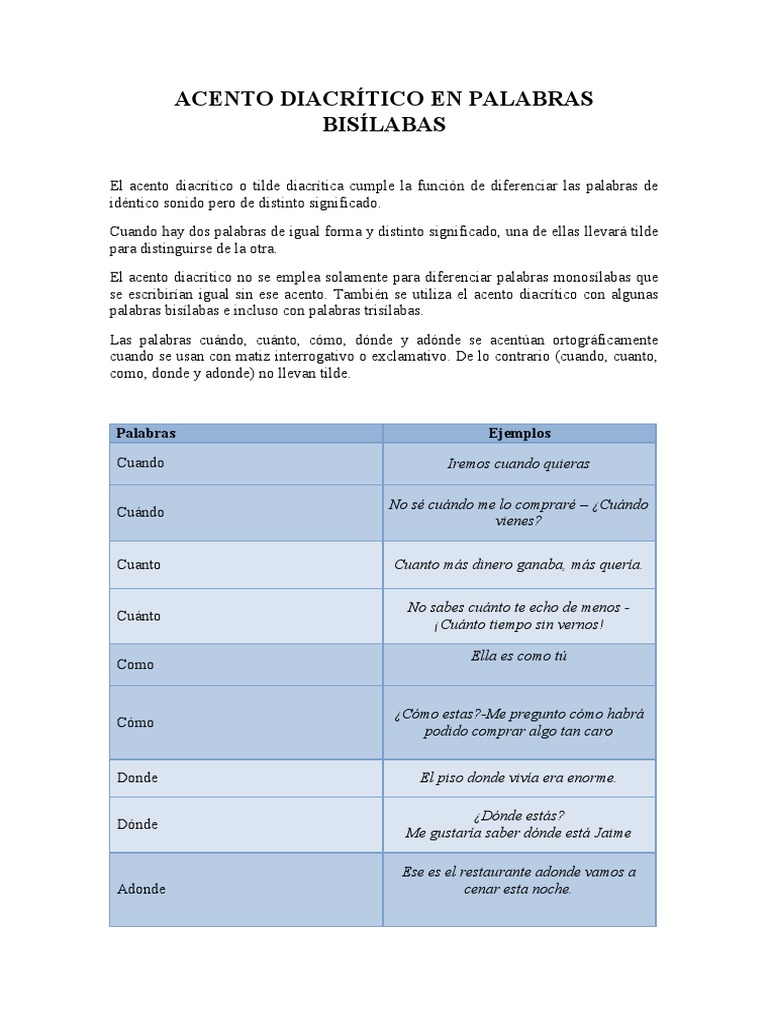 Acento Diacrítico en Palabras Bisílabas | PDF | Artes del Lenguaje y ...