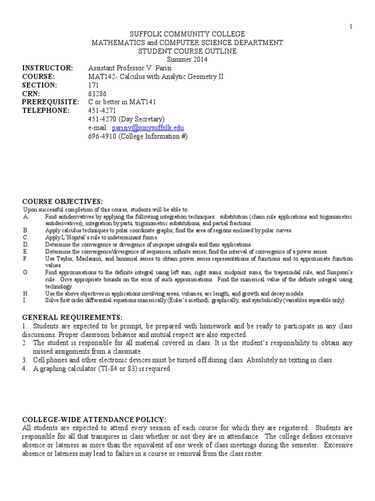 MAT 142 Course Outline | PDF | Series (Mathematics) | Integral