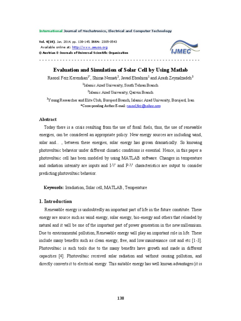 11 Evaluation and Simulation of Solar Cell by Using Matlab | PDF ...