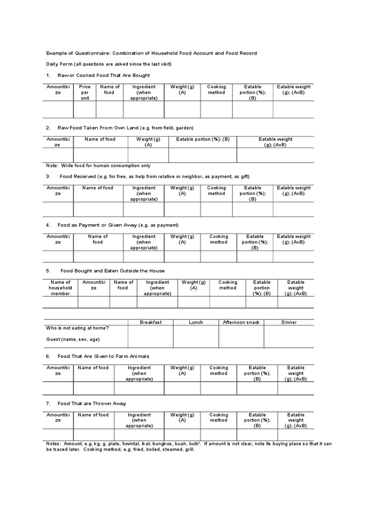 Form HH Food Account and Record Method | Download Free PDF | Spss ...