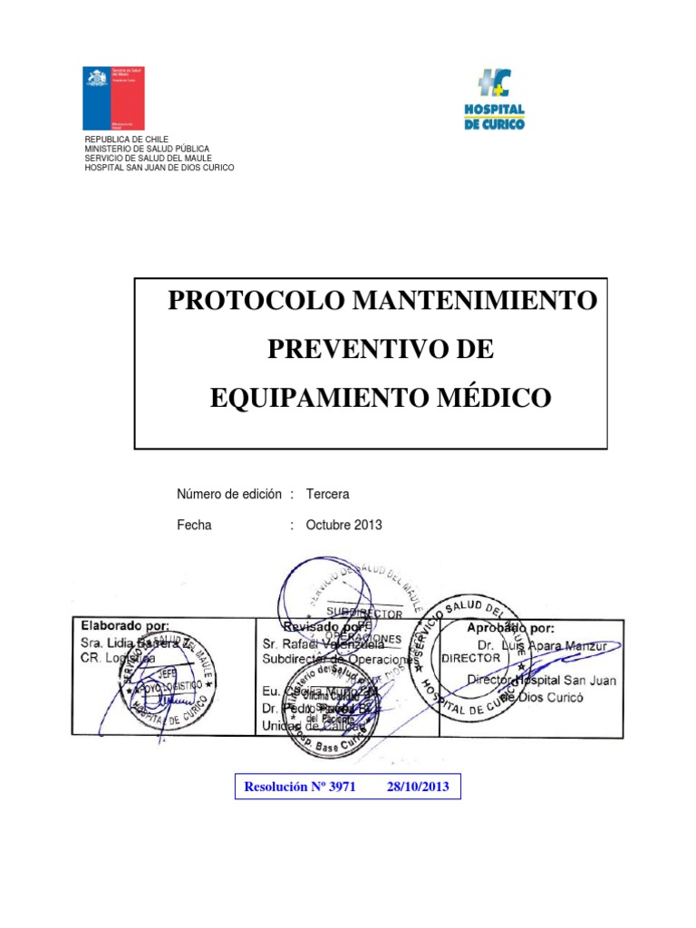 Protocolo Mantenimiento Preventivo de Equipamiento Médico. 3 Edición | PDF | Hospital | Medicina