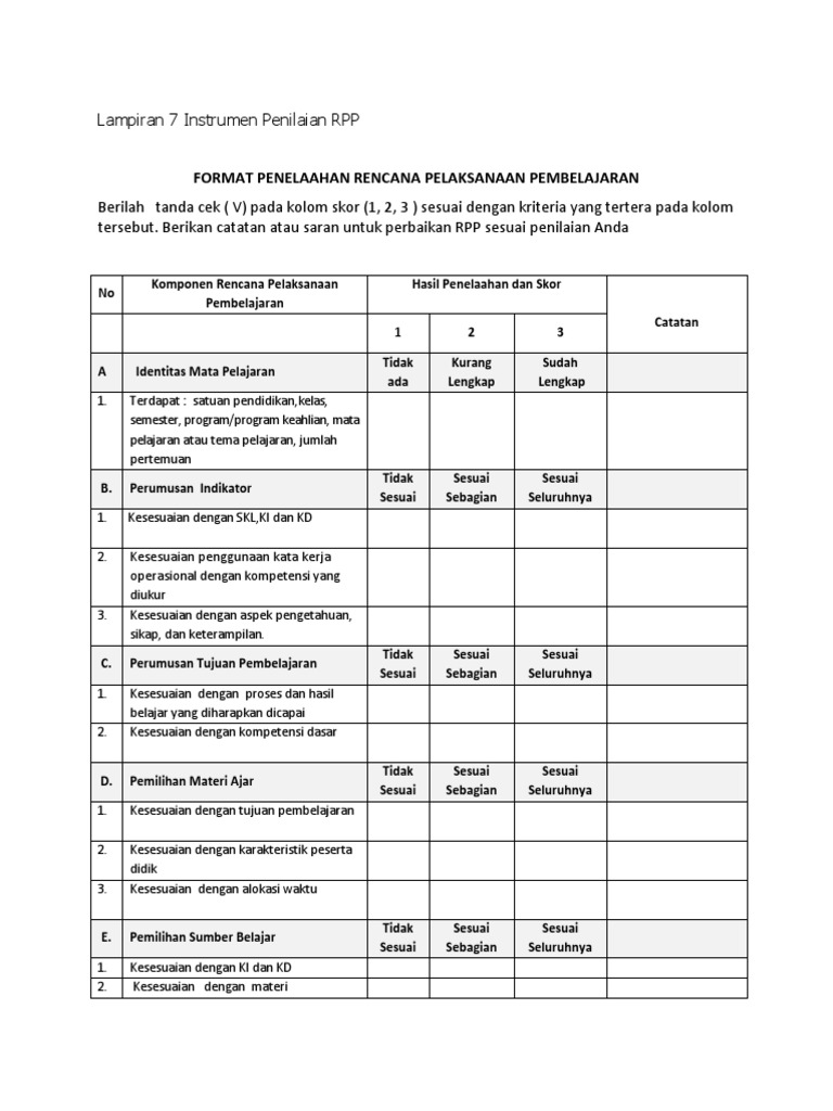 Lampiran 7 Instrumen Penilaian RPP | PDF
