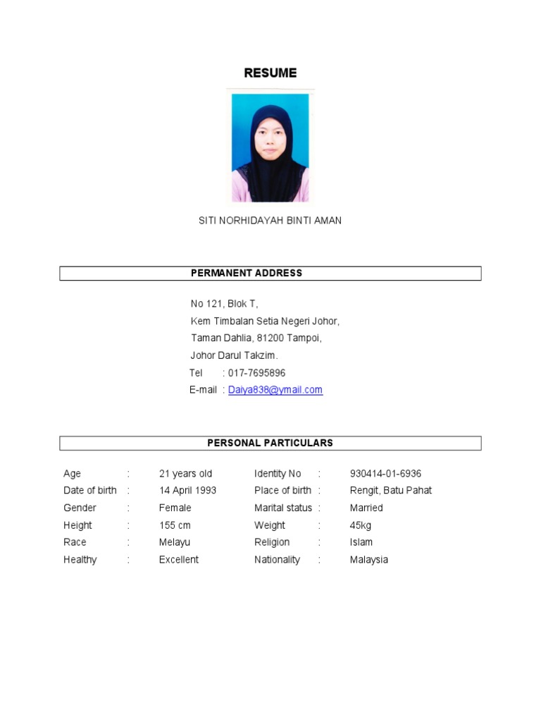 Resume of Siti Norhidayah Aman | PDF | Technology & Engineering