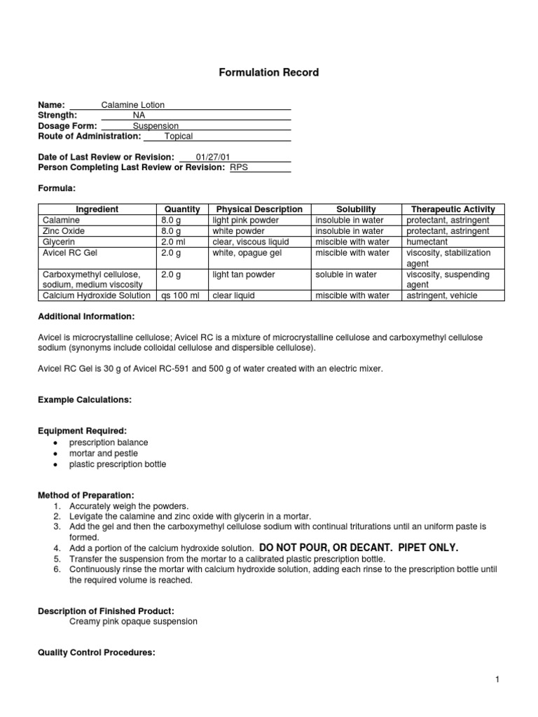 Calamine Lotion Form | PDF | Solubility | Pharmaceutical Formulation