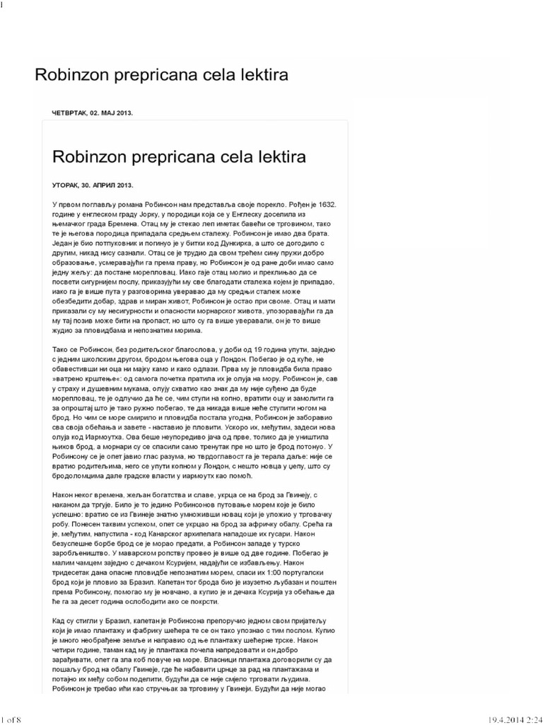 Robinzon Prepricana Cela Lektira | PDF