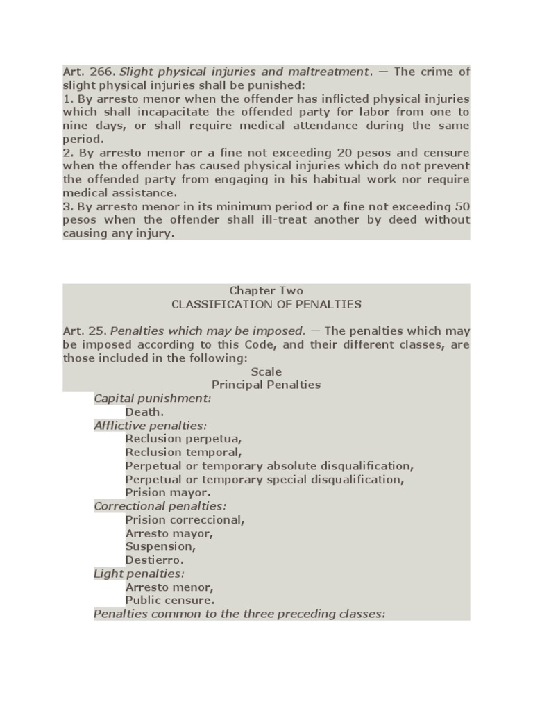 Penalties for Slight Physical Injuries | PDF | Punishments | Criminal Law