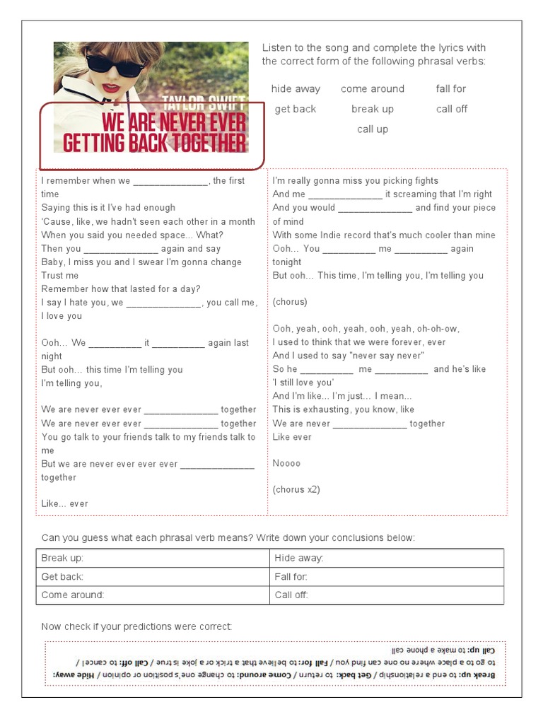 Phrasal Verbs Song Ctivity - We Are Never Ever Getting Back Together ...