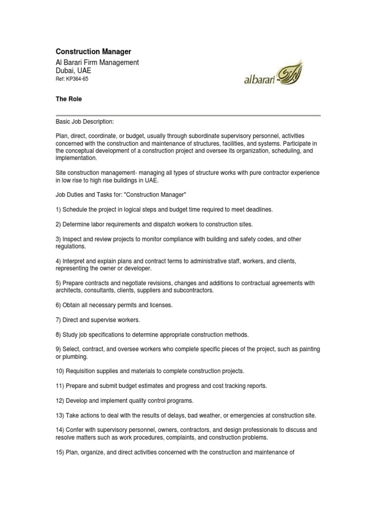 Construction Manager Duties | PDF | Construction Management | General ...