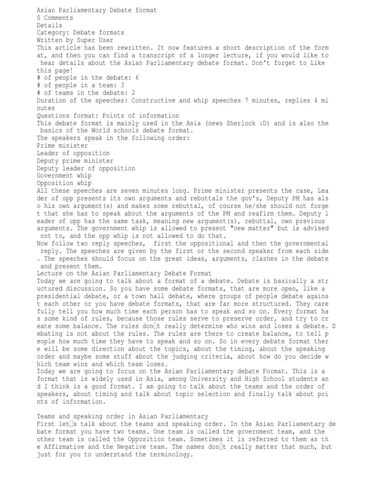 Asian Parliamentary Debate | PDF | Political Communication | Public ...