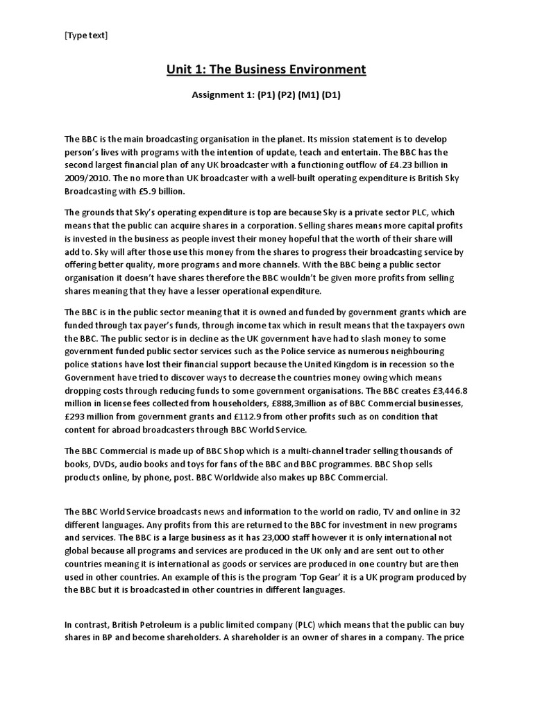 Unit 1: The Business Environment: Assignment 1: (P1) (P2) (M1) (D1) | PDF | Bp | Bbc