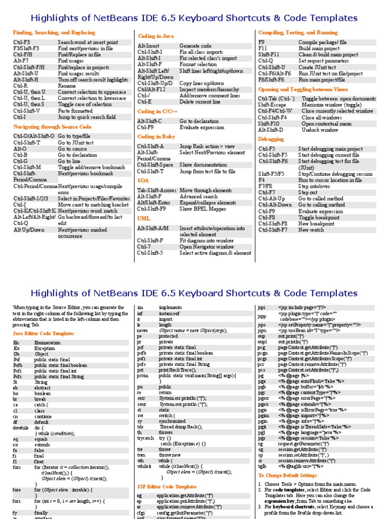 NetBeans IDE 6.5 Keyboard Shortcuts and Code Templates | PDF | Net ...