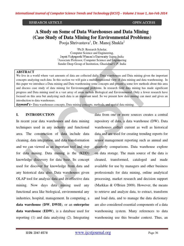 A Study On Some of Data Warehouses and Data Mining (Case Study of Data Mining For Environmental ...
