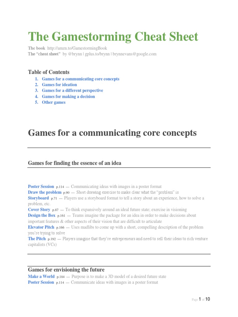 The Gamestorming Cheat Sheet: Games For A Communicating Core Concepts | PDF | Brainstorming ...