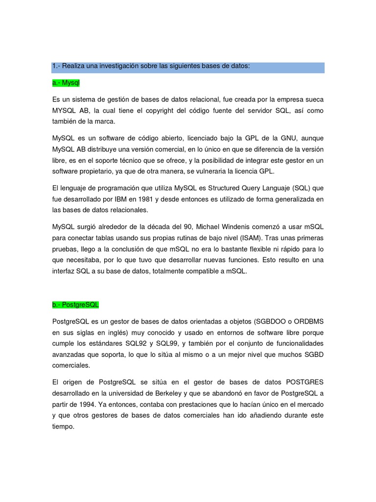Tipos de Bases de Datos | PDF | Postgre Sql | Mi sql