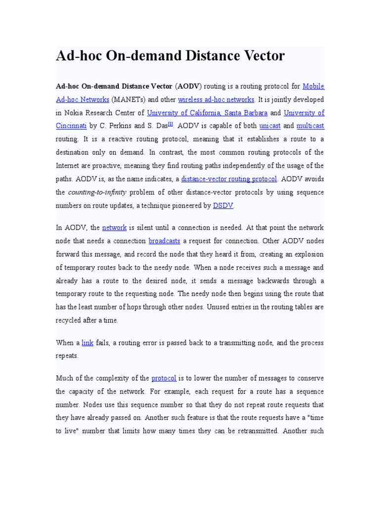 Ad-Hoc On-Demand Distance Vector | PDF | Routing | Wireless Ad Hoc Network