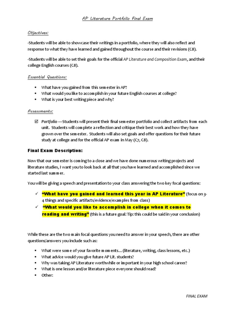 Ap Lit Final Exam Portfolio | PDF | Test (Assessment) | Cognition