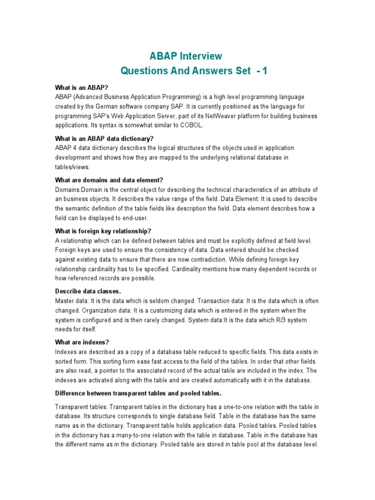 ABAP Interview Questions and Answers Set - 1: What Is An ABAP? | Download Free PDF | Databases ...