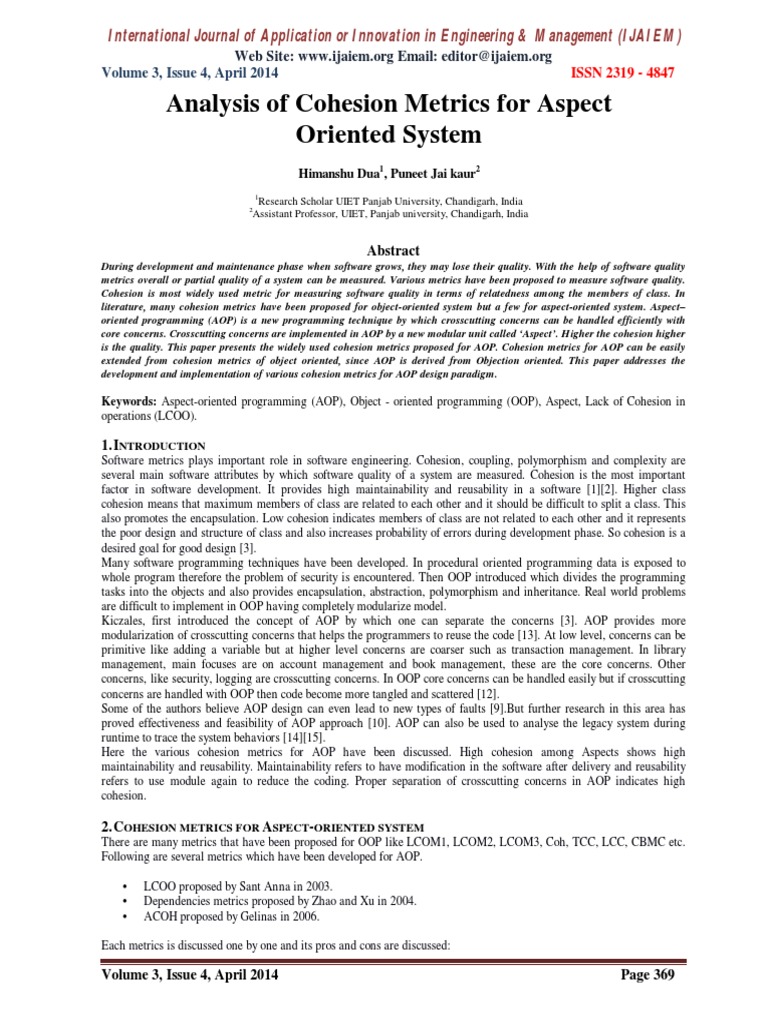 Analysis of Cohesion Metrics For Aspect Oriented System | PDF | Object Oriented Programming ...