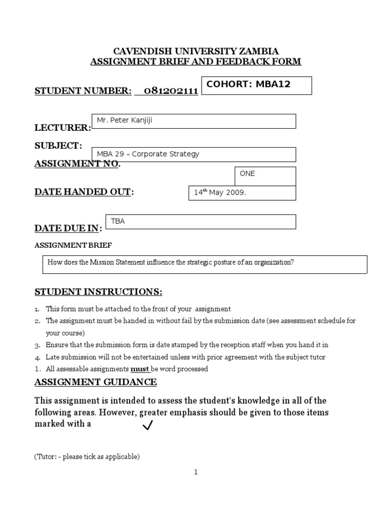 Completed Corporate Strategy - MBA 29-Assignment 1-Muleba Matafwali ...