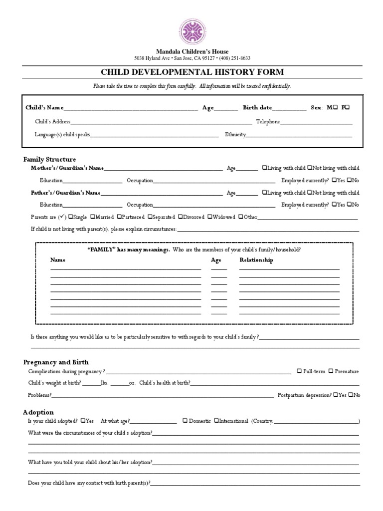 Child Developmental History Form: Family Structure | PDF | Temperament ...