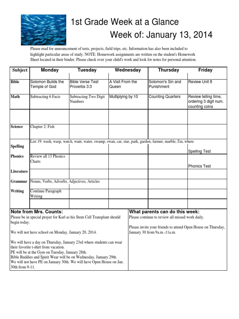 1st Grade Weekly Overview: Jan 13-17 | PDF