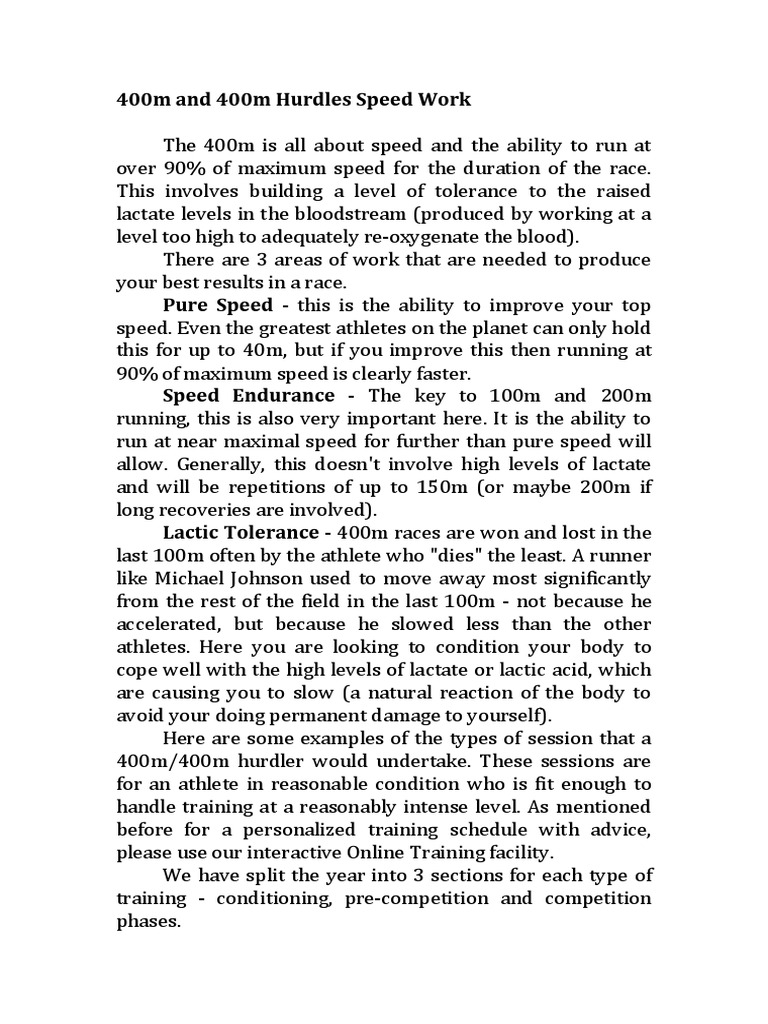 400m and 400m Hurdles Speed Work | PDF | Weight Training | Lactic Acid