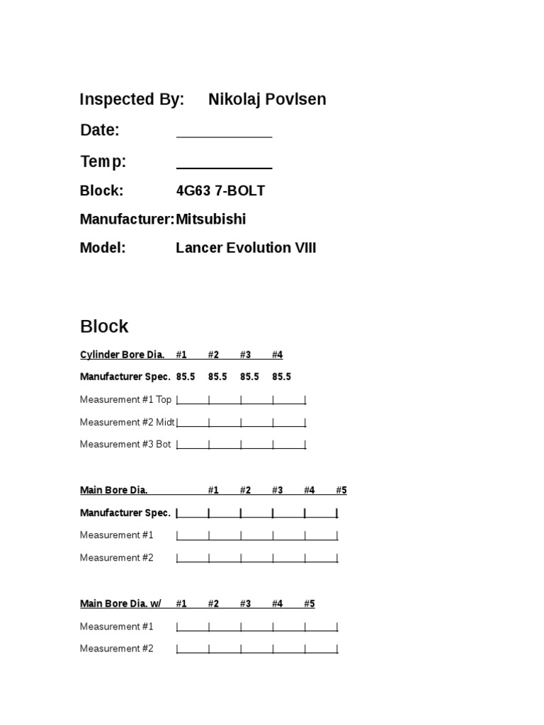 Engine Build Sheet for 4G63 Block | PDF