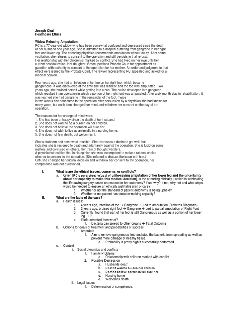 Widow Refusing Amputation: Joseph Okai Healthcare Ethics | PDF ...