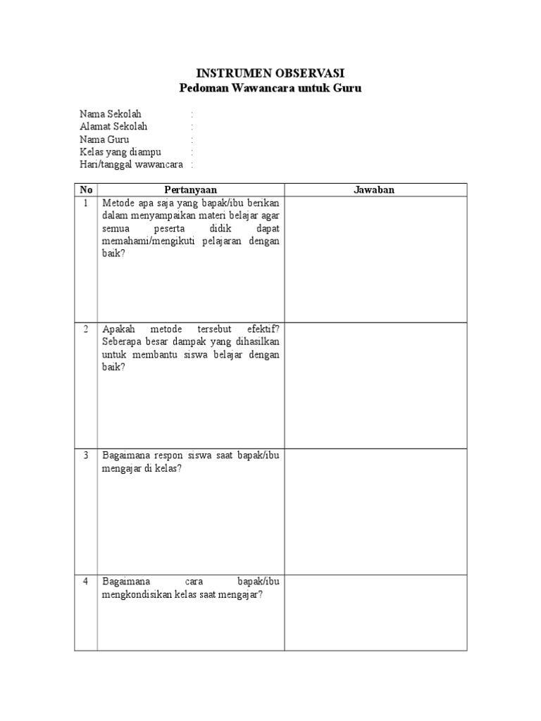 INSTRUMEN OBSERVASI Pedoman Wawancara Guru | PDF