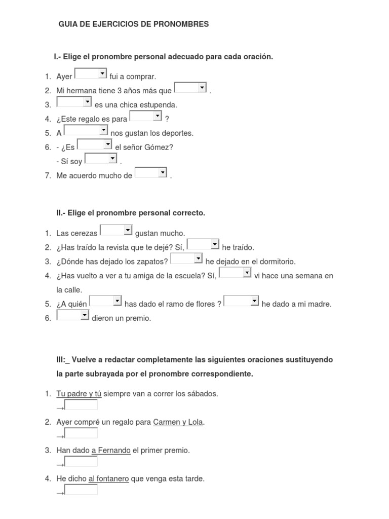 Elige el pronombre personal tónico adecuado para cada oración - copia ...