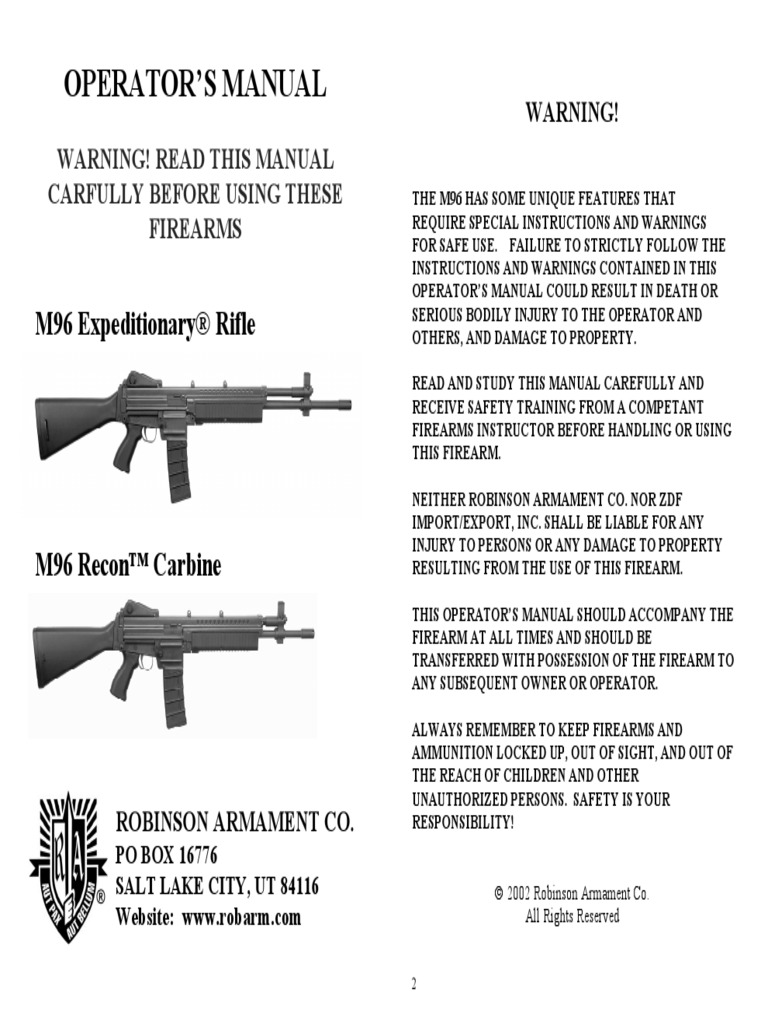 Robinson M96 Expeditionary Rifle User Manual | PDF | Magazine (Firearms ...