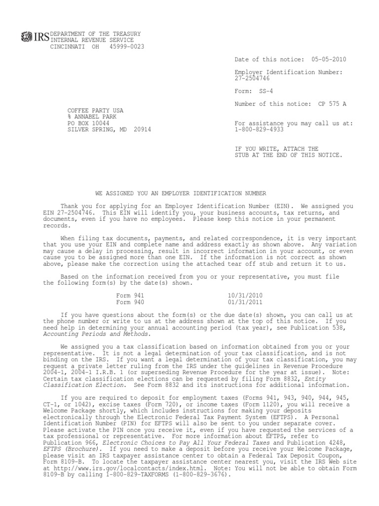 EIN Letter From IRS | PDF | Internal Revenue Service | United States ...