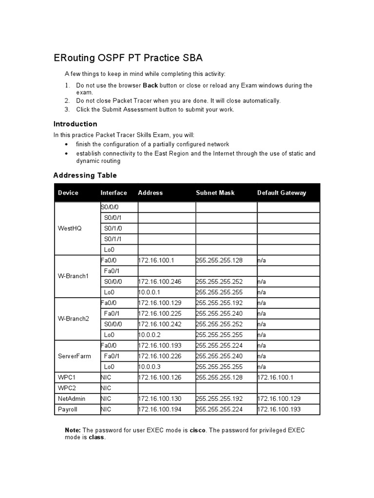 Erouting Ospf PT Practice Sba: Device Interface Address Subnet Mask Default Gateway | PDF ...