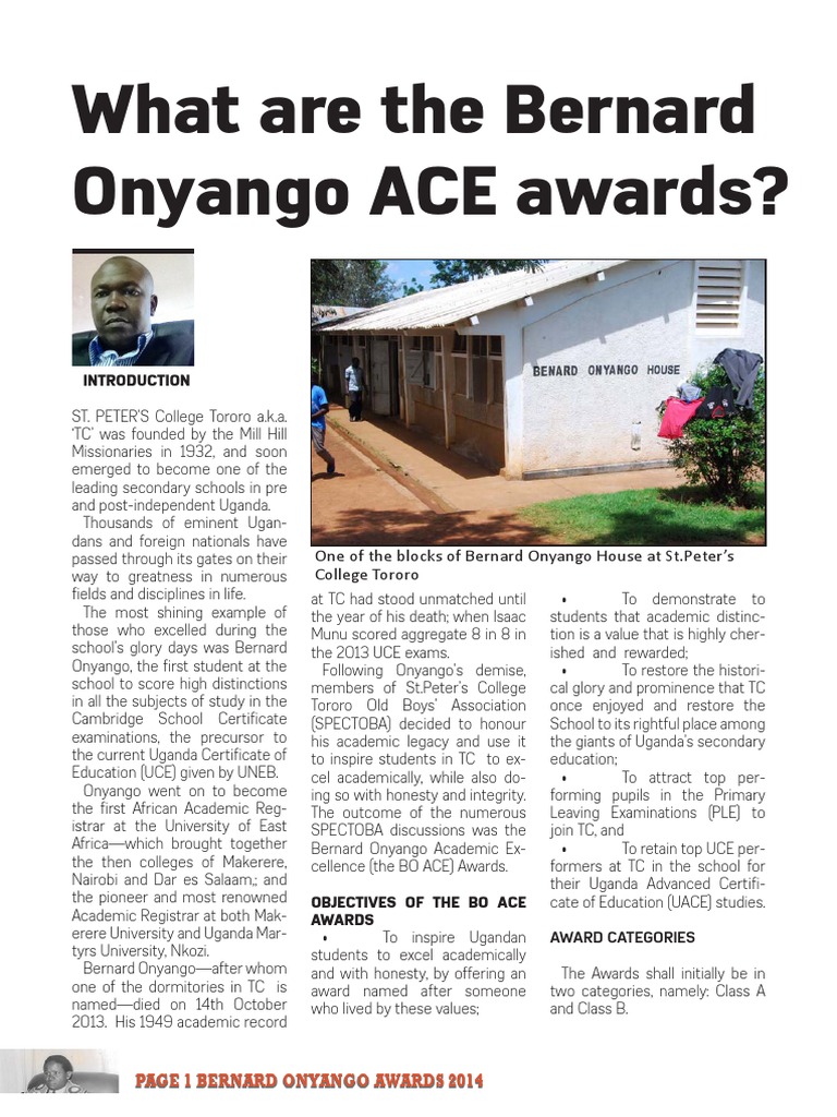 Bernard Onyango AWARDS - Outline by Onapito Ekomoloit | PDF | Schools | Teaching And Learning